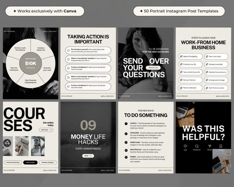 Skylar Dreams Instagram Template Canva | 50 Editable Instagram Posts ...