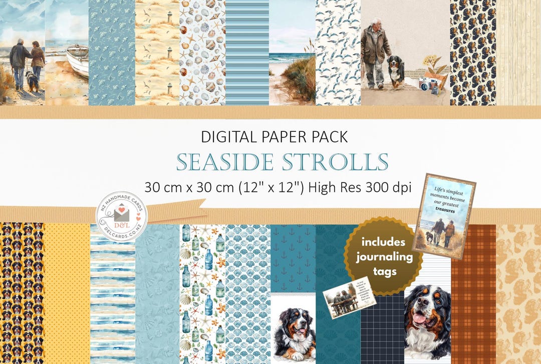 Seaside Strolls Digital Paper Pack: Beach & Bernese Mountain Dog ...