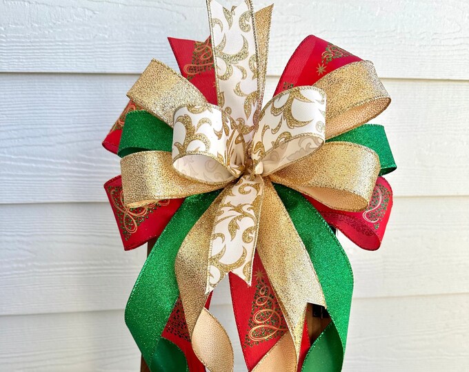 Large Red and Gold Lantern Bow, Christmas Tree Topper Bow, Gold Tree ...