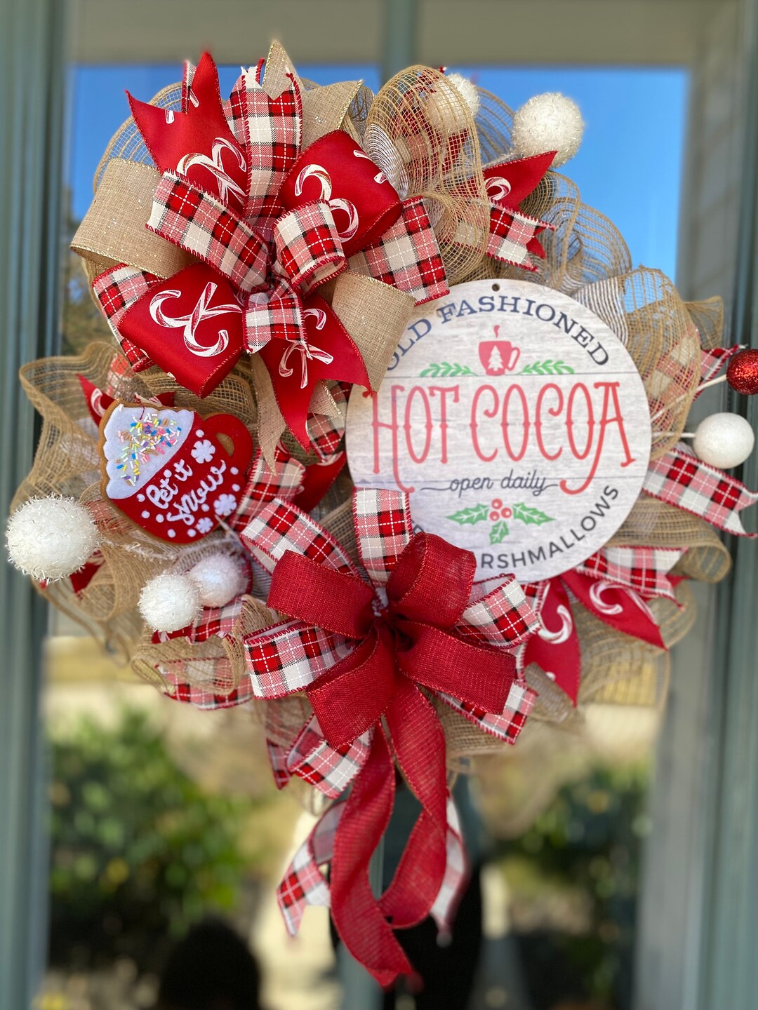 Hot Cocoa Christmas Wreath, Buffalo Plaid Winter Mesh Wreath, Hot Cocoa ...