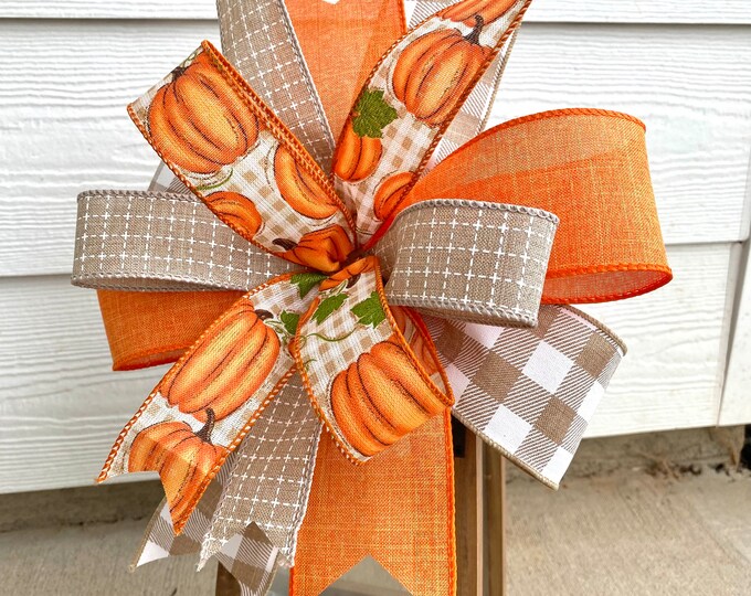Pumpkin Lantern Bow, Orange and Beige Fall Bow, Thanksgiving Bow, Fall ...