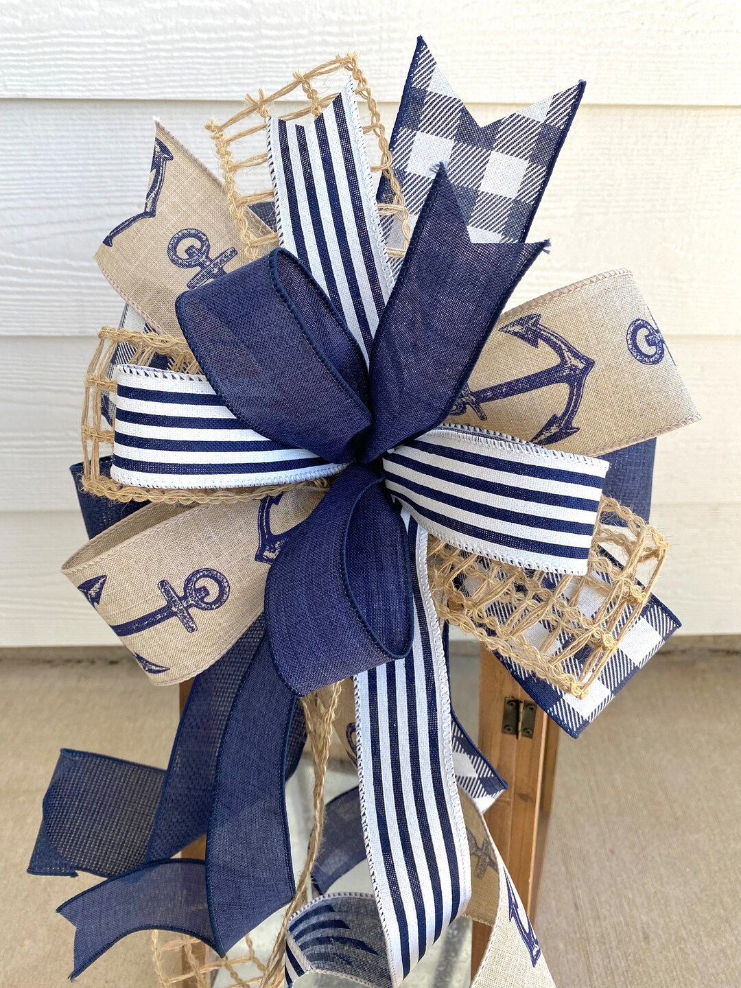 Navy Nautical Bow, Coastal Bow, Blue Striped Bow, Nautical Wreath Bow ...