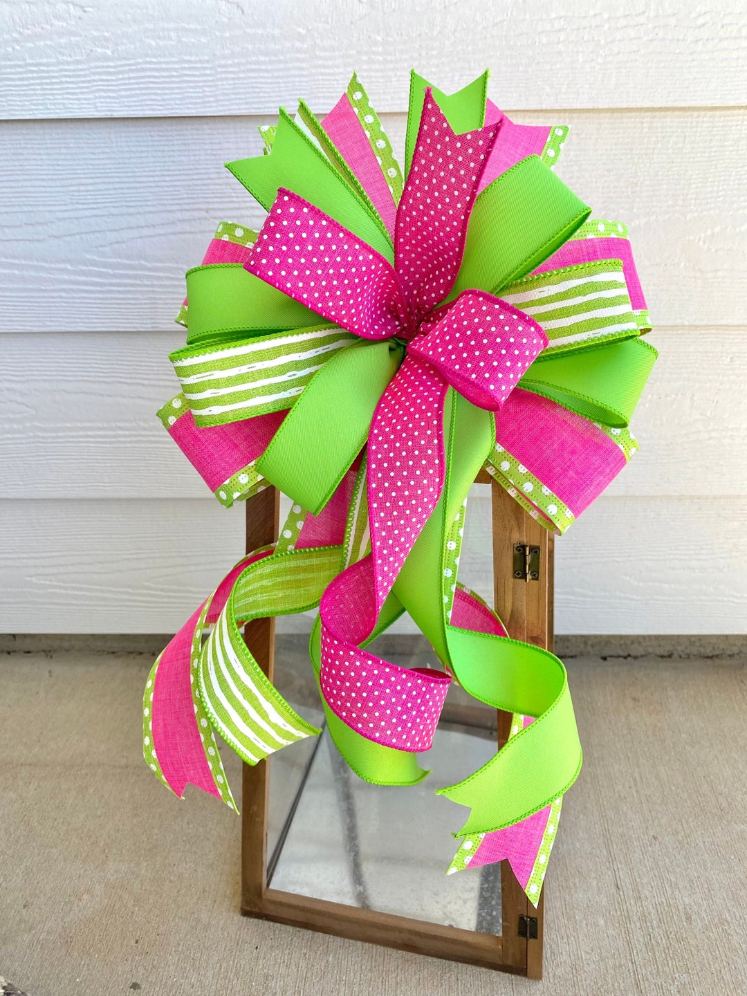 Summer Wreath Bow, Fuchsia Pink Bow, Large Lantern Bow, Pink and Green ...