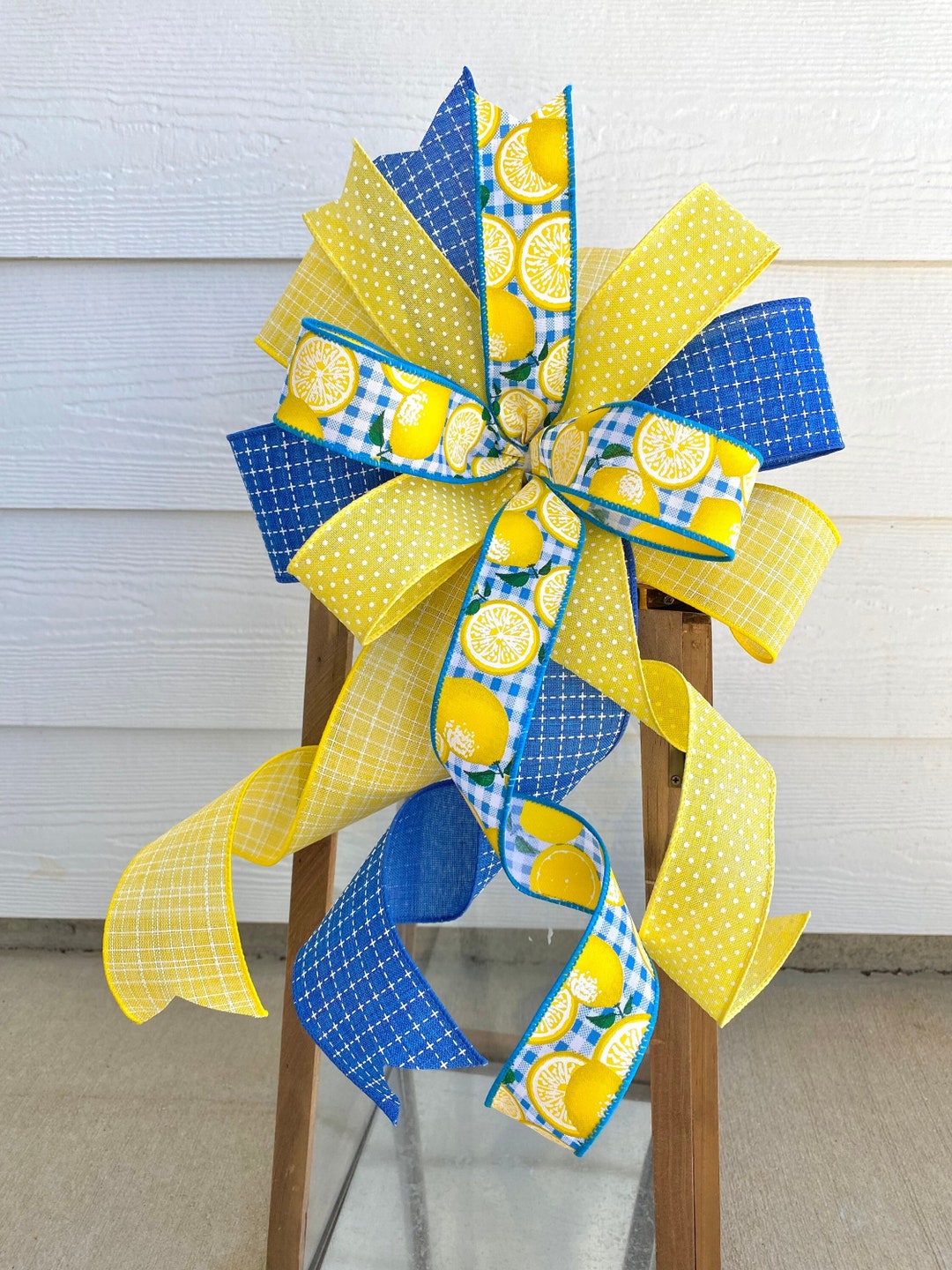 Summer Lemon Wreath Bow, Yellow Summer Wreath Bow, Lemon Wreath Bow, Lantern Bow, Lemon Plaid ...