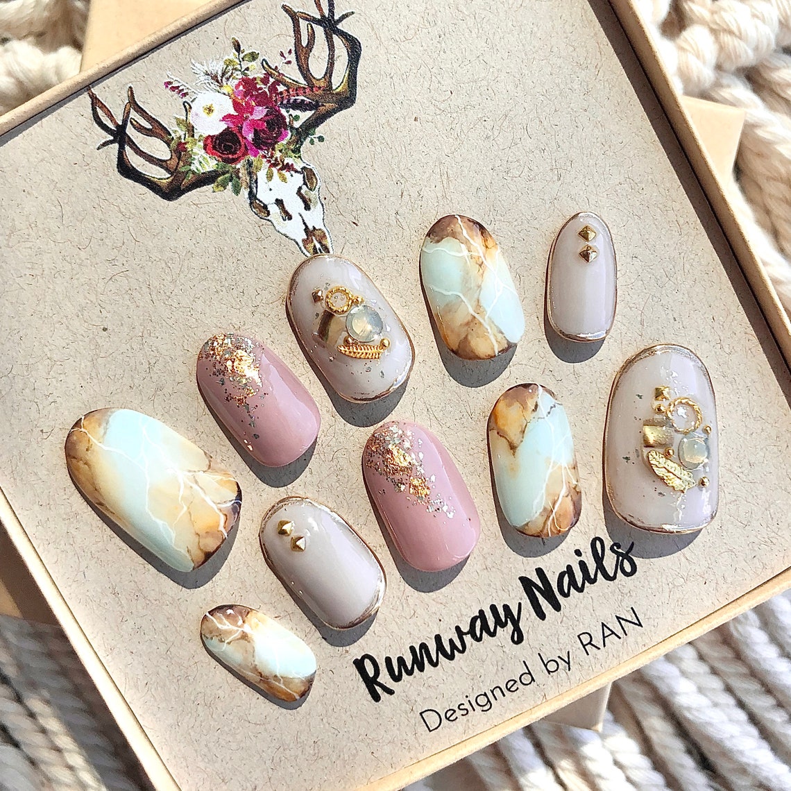 Marble Stone Press on Nail Set, Hand Painted Fashion Nails, Rhinestone ...