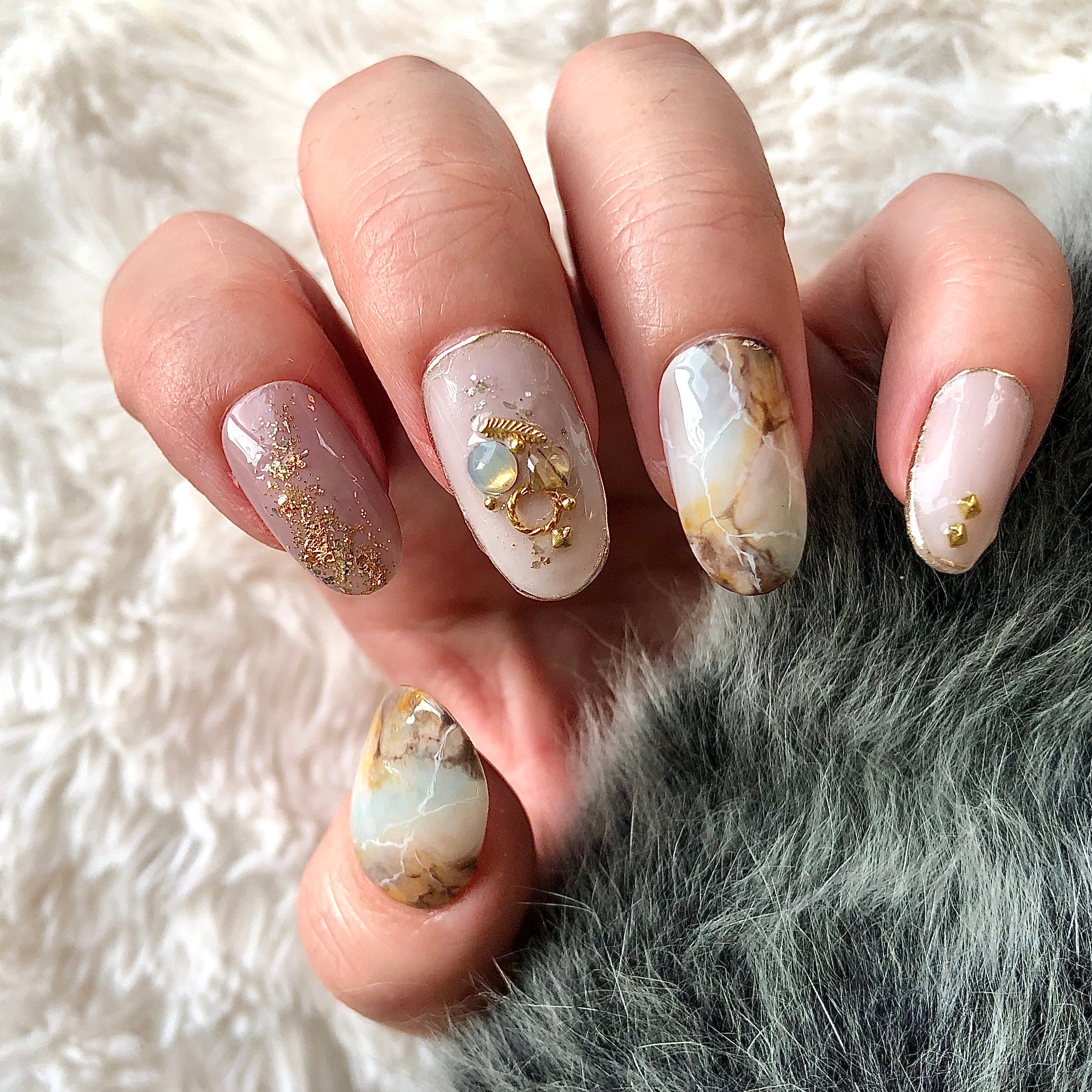 Marble Stone Press on Nail Set, Hand Painted Fashion Nails, Rhinestone ...