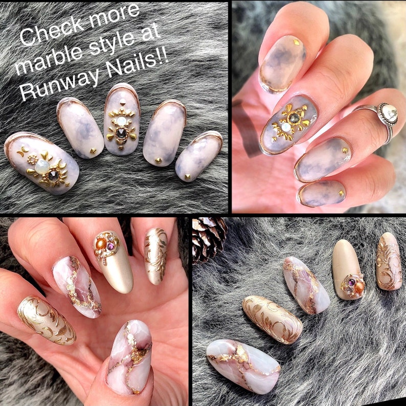 Marble Stone Press on Nail Set, Hand Painted Fashion Nails, Rhinestone ...