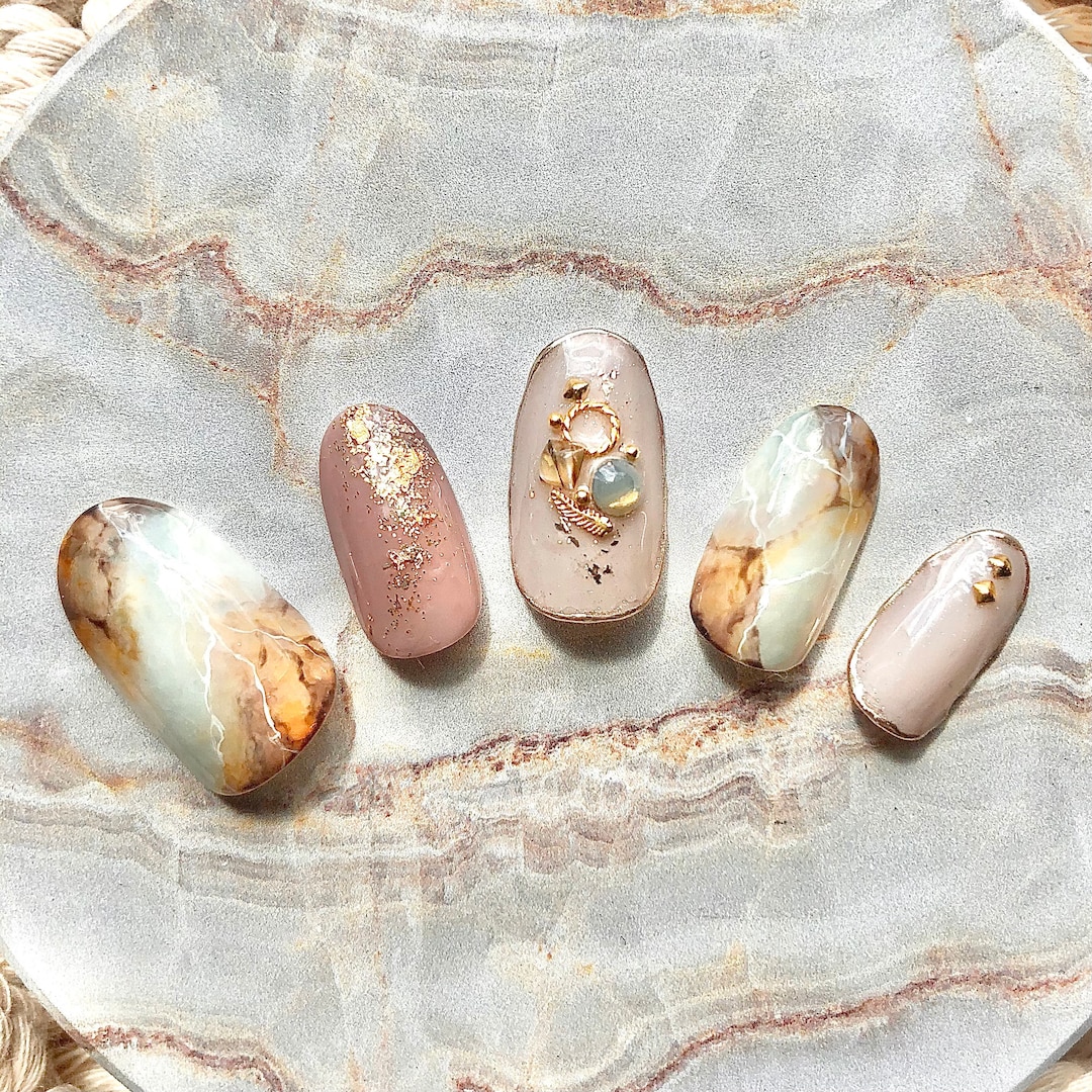 Marble Stone Press on Nail Set, Hand Painted Fashion Nails, Rhinestone ...