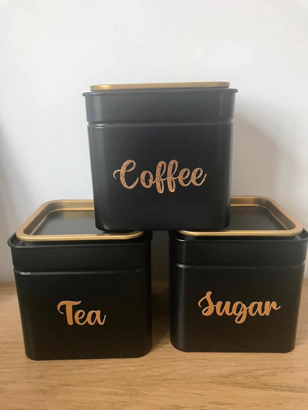 Set of 3 Black and Gold Mrs Hinch Inspired Tea Coffee Sugar Canisters ...