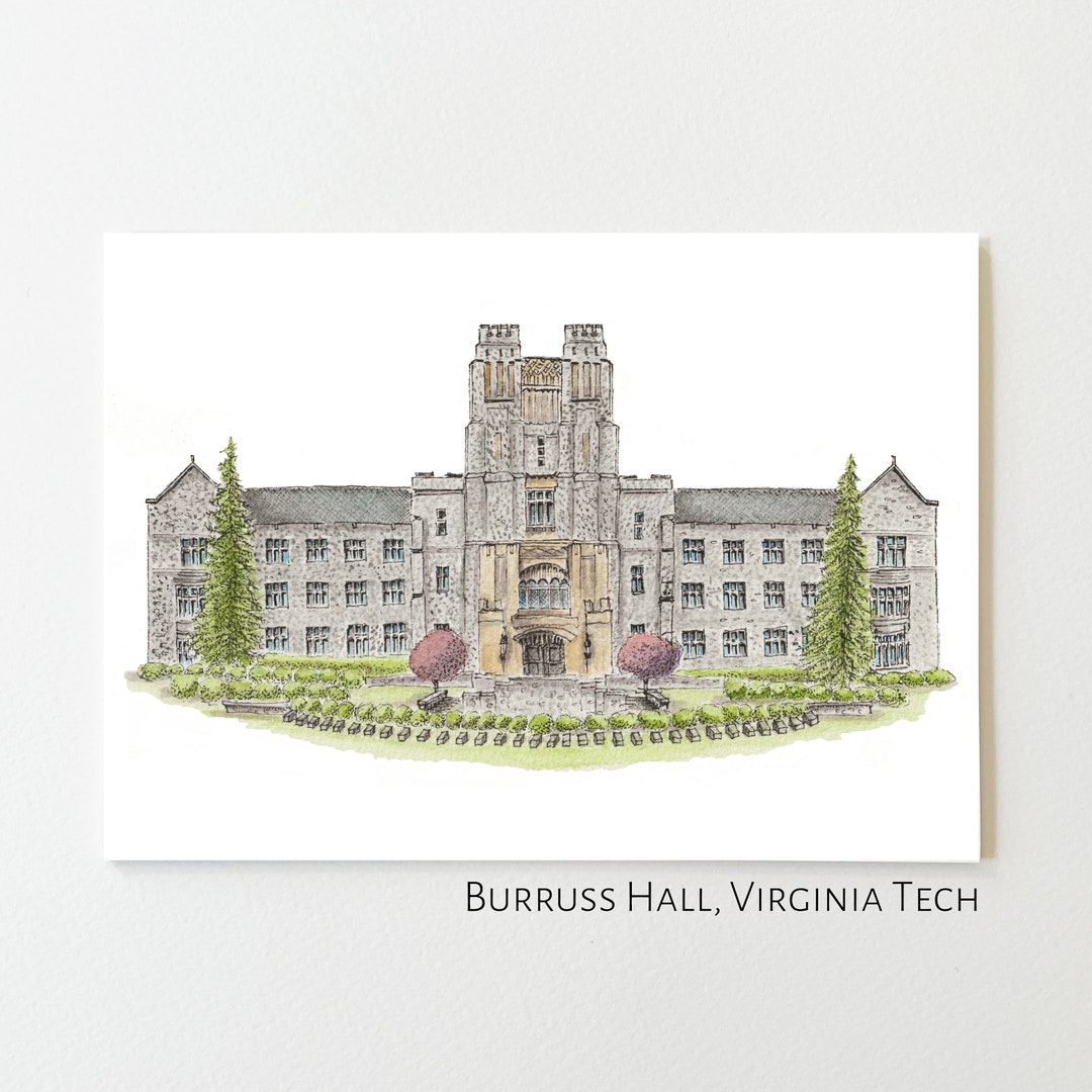 Virginia Tech Watercolor Burruss Hall Painting Hokies - Etsy