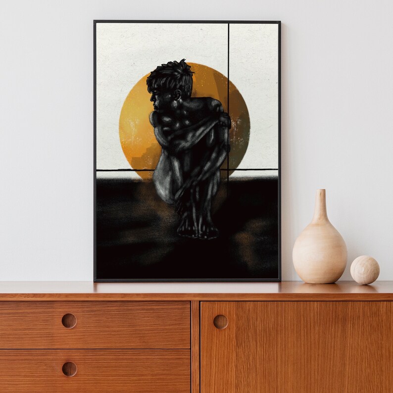 Black and Gold Male Figure Charcoal Art Print With Sun Background ...