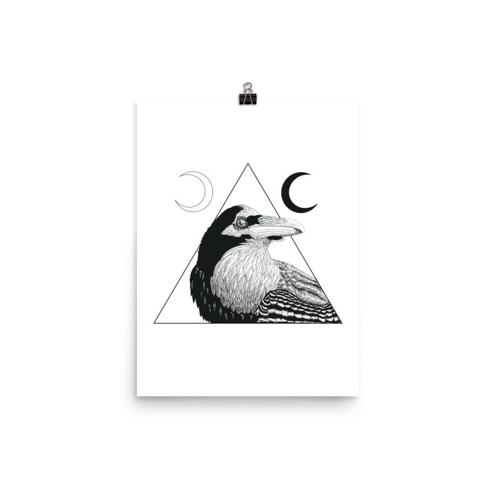 Occult Geometric Crow Ink Illustration Art Print, Familiar Crescent ...