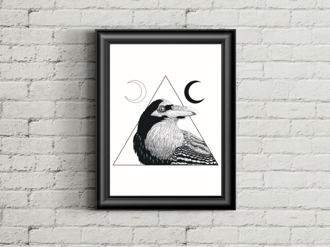 Occult Geometric Crow Ink Illustration Art Print, Familiar Crescent ...