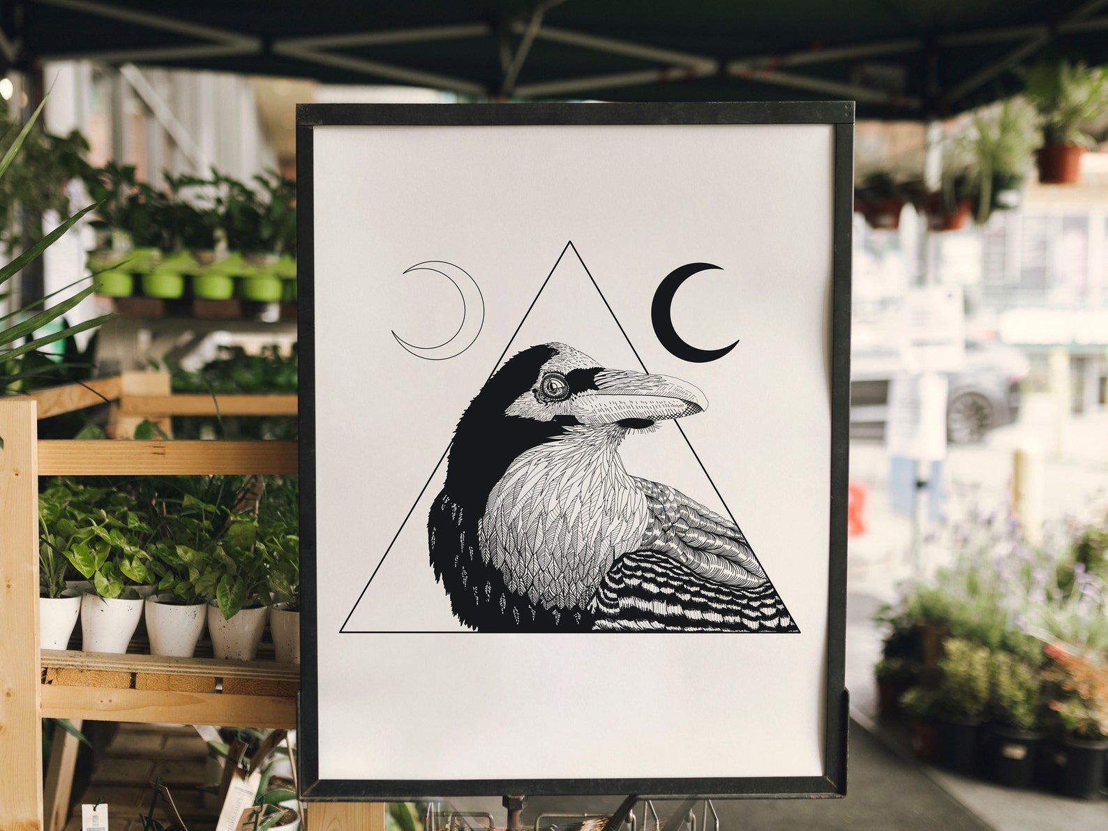 Occult Geometric Crow Ink Illustration Art Print, Familiar Crescent ...