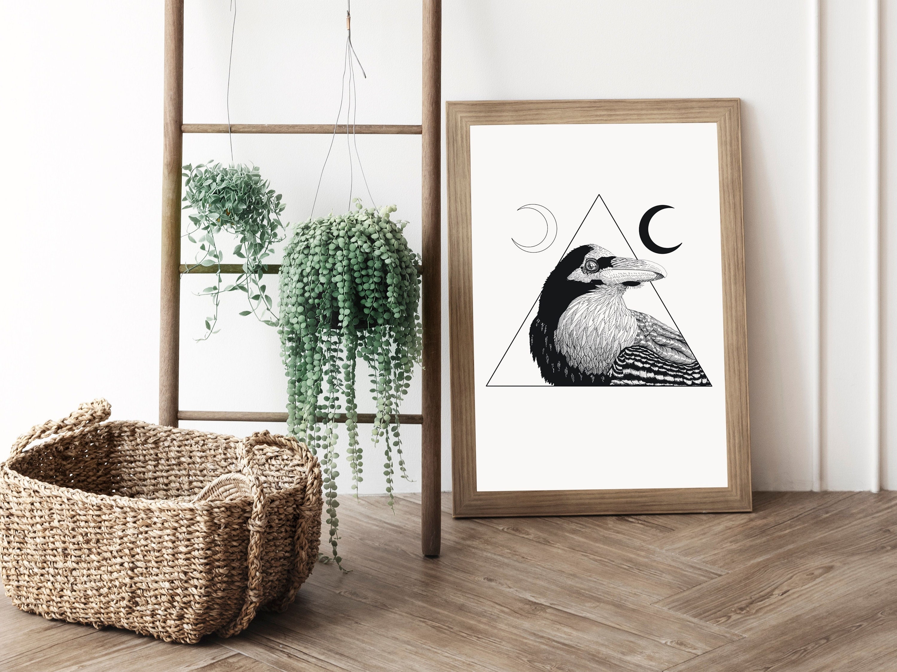 Occult Geometric Crow Ink Illustration Art Print, Familiar Crescent ...