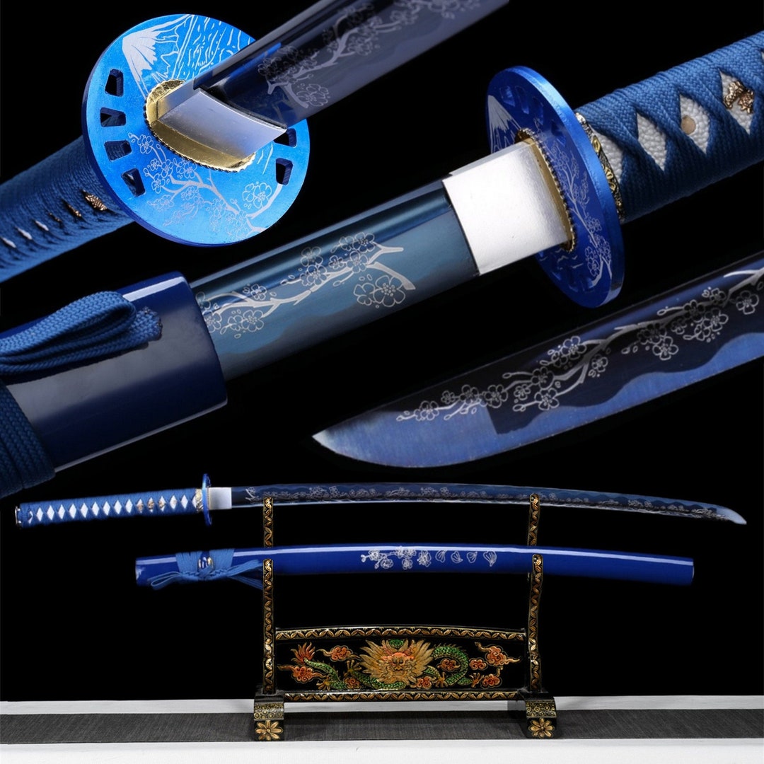 Handmade Plum Blossom Blade Katana Sword Blue Tsuba Real Japanese ...