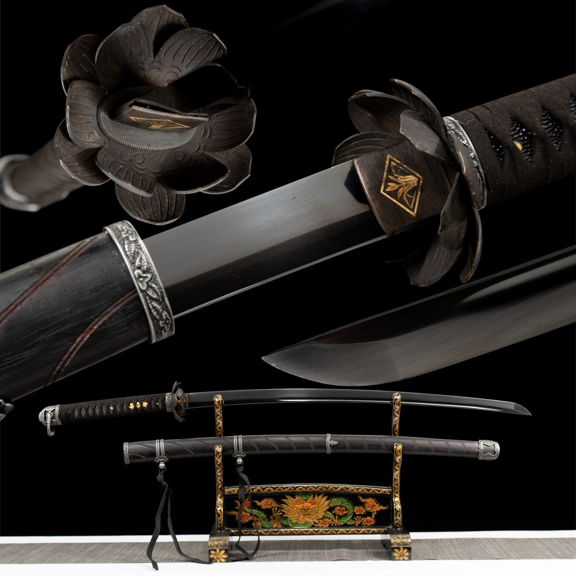 Black Katana Sword W Dragon Engraved Scabbard And Black Blade