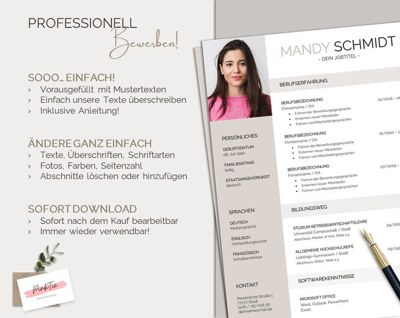 CV Template German | Professional Application Template Word & Pages - Etsy