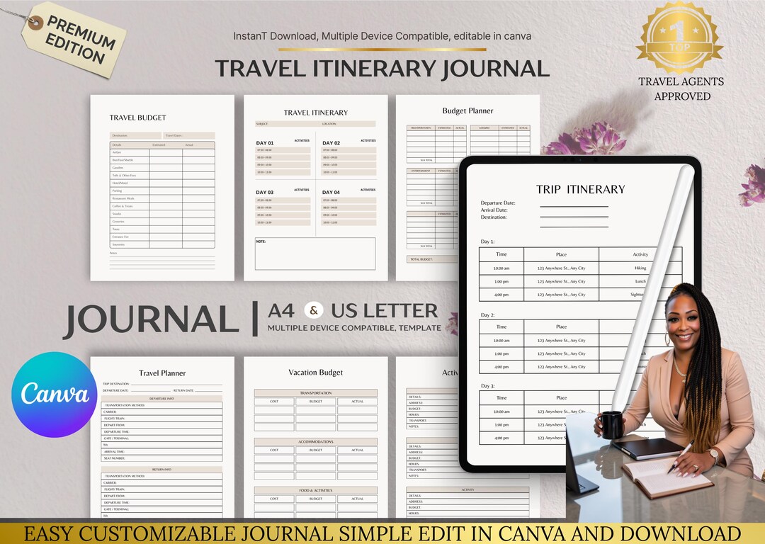Travel Itinerary Journal Template, Canva Editable Travel Diary With ...
