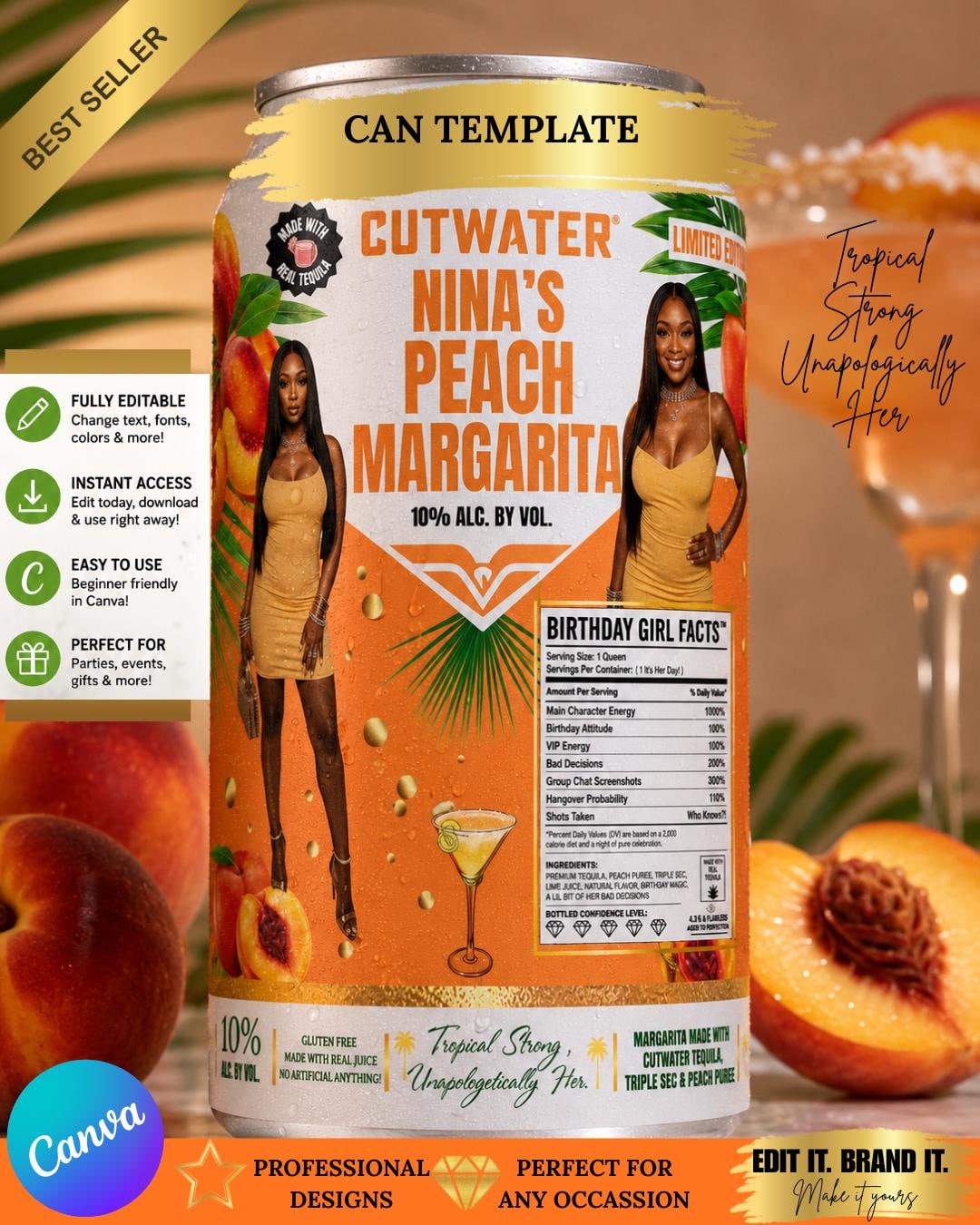 PEACH MARGARITA CAN Label Template| Editable Canva Template | Birthday ...
