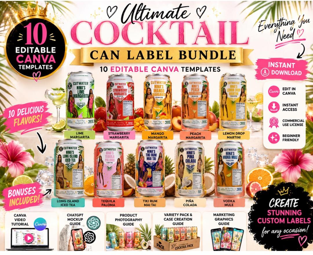 ULTIMATE COCKTAIL CAN Label Template Bundle | 10 Editable Canva ...