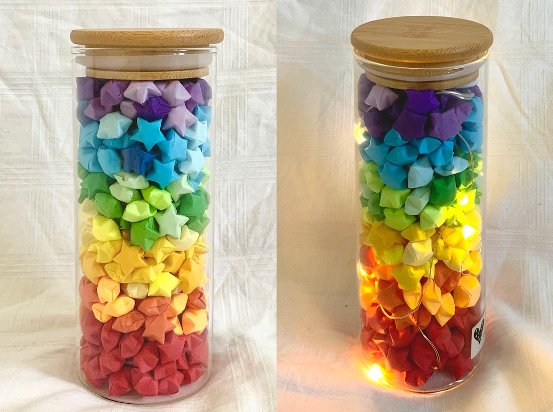 Rainbow Star Jar With Lights, Tall Star Jar, Origami Paper Star Jar ...
