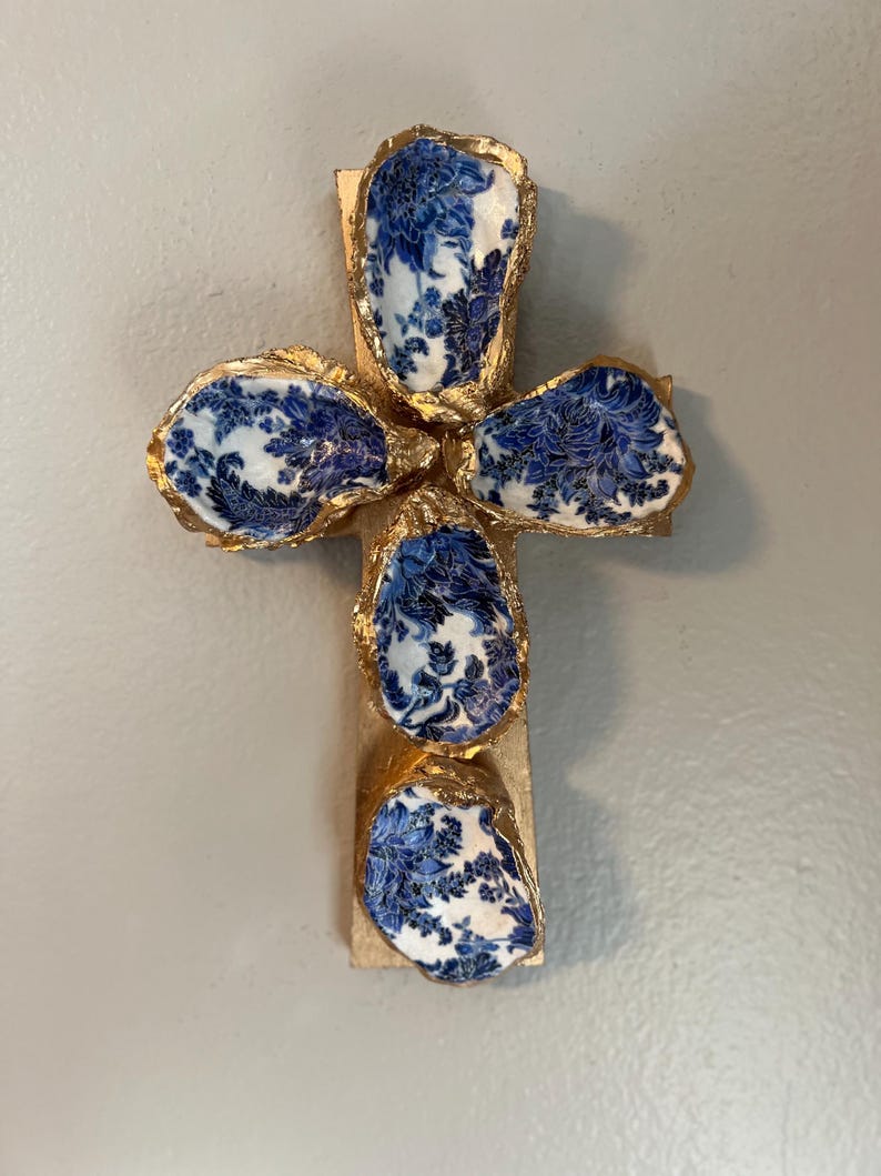 Blue and White Flowered Oyster Shell Cross - Etsy