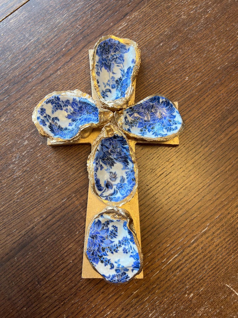 Blue and White Flowered Oyster Shell Cross - Etsy