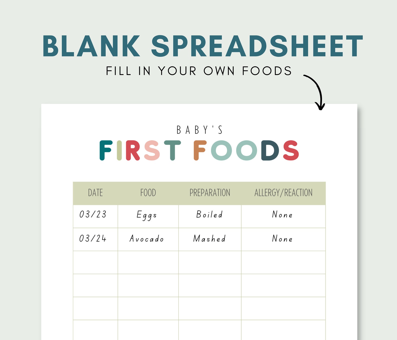 Baby's First Foods Checklist Printable Food Log Led - Etsy