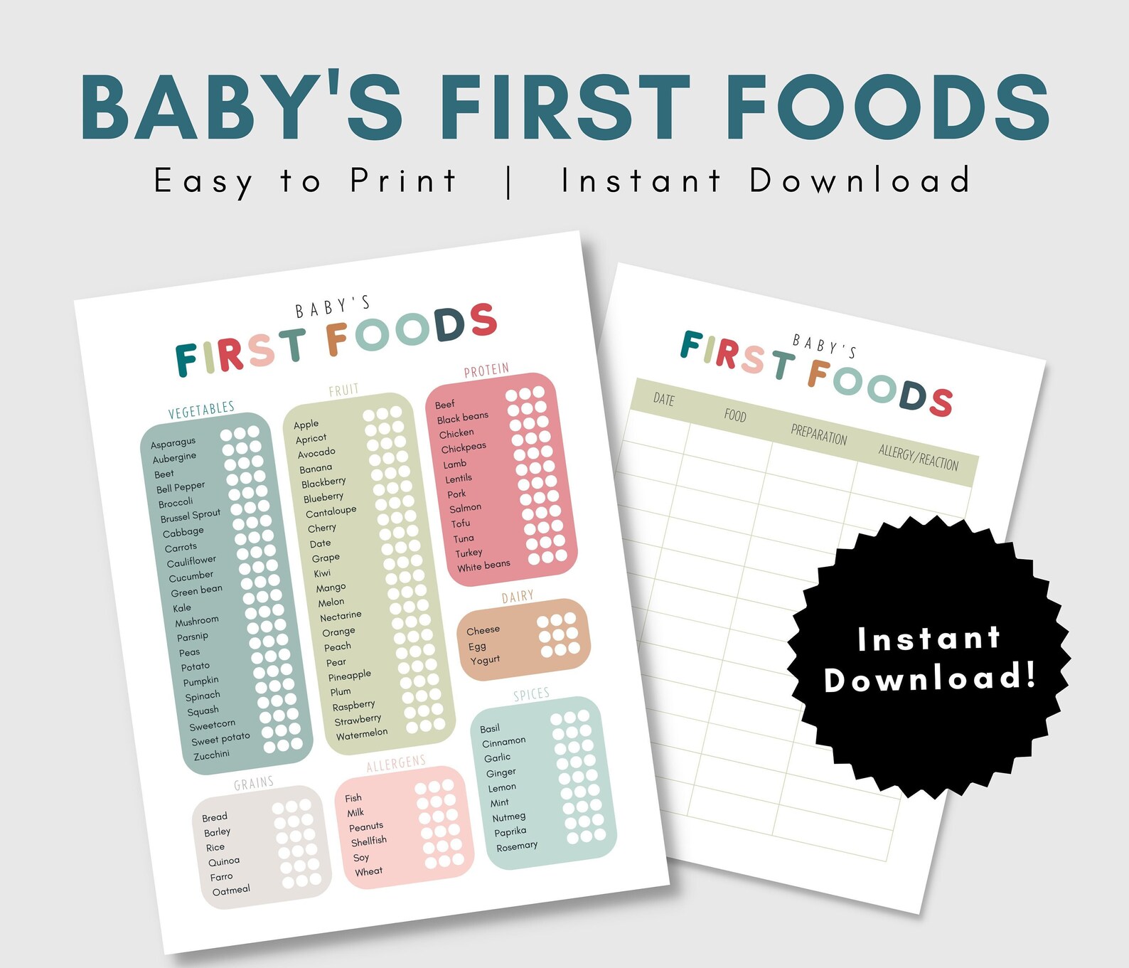 Baby's First Foods Checklist Printable Food Log Led - Etsy