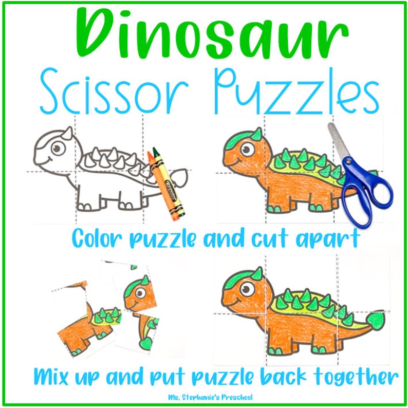 Dinosaur Scissor Puzzles Preschool Scissor Dinosaur Activity Fine Motor ...