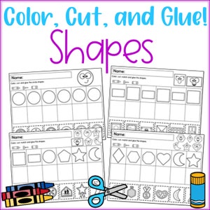 Color, Cut, and Glue Number, Alphabet, Shape, and 3D Shape Worksheets ...