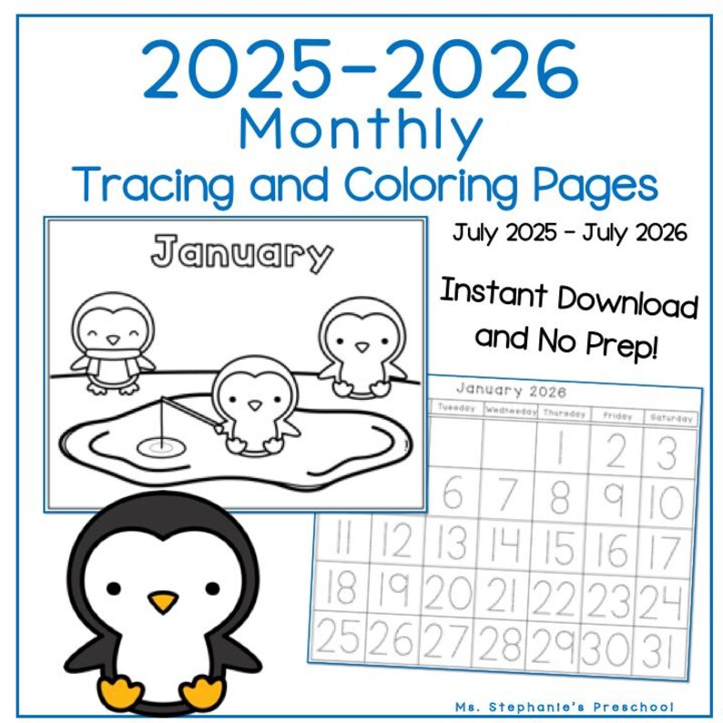 2025-2026 Tracing Calendar and Coloring Pages - Preschool Calendar ...