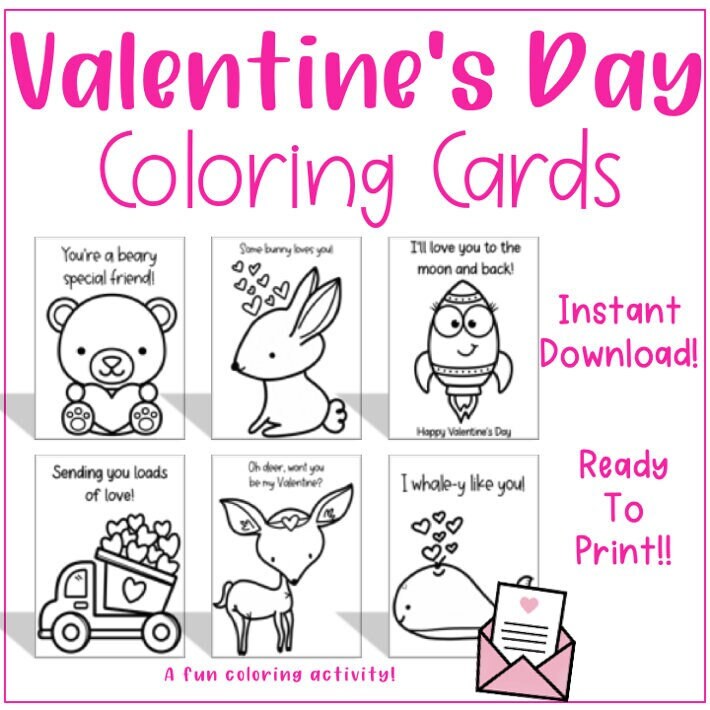 Printable Preschool Valentines Coloring Cards for Kids Classroom ...