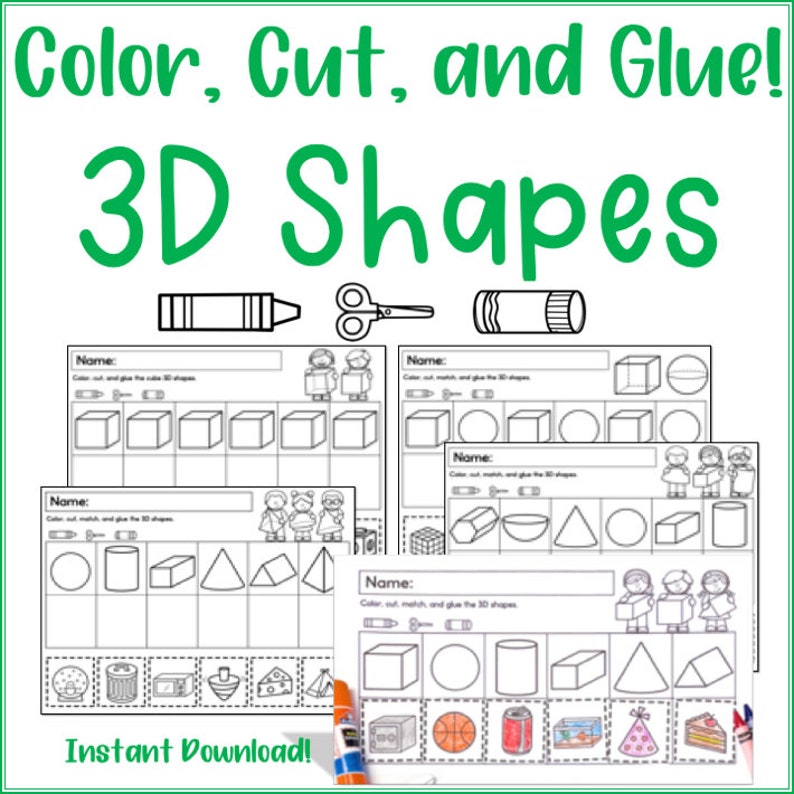 Color, Cut, and Glue Number, Alphabet, Shape, and 3D Shape Worksheets ...