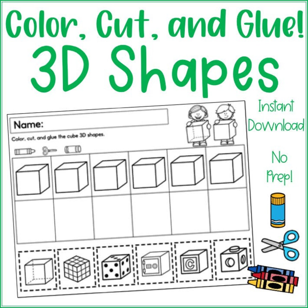 3D Shape Printables Cut Color and Glue 3D Worksheets Preschool, Prek ...