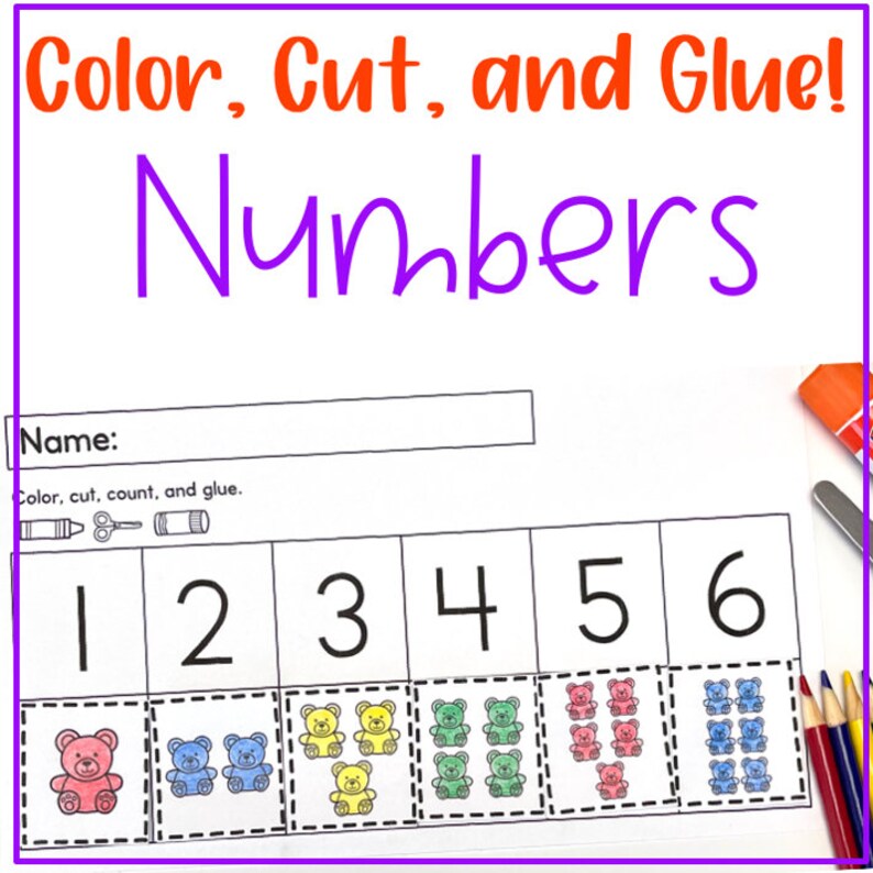 Color, Cut, and Glue Number, Alphabet, Shape, and 3D Shape Worksheets ...