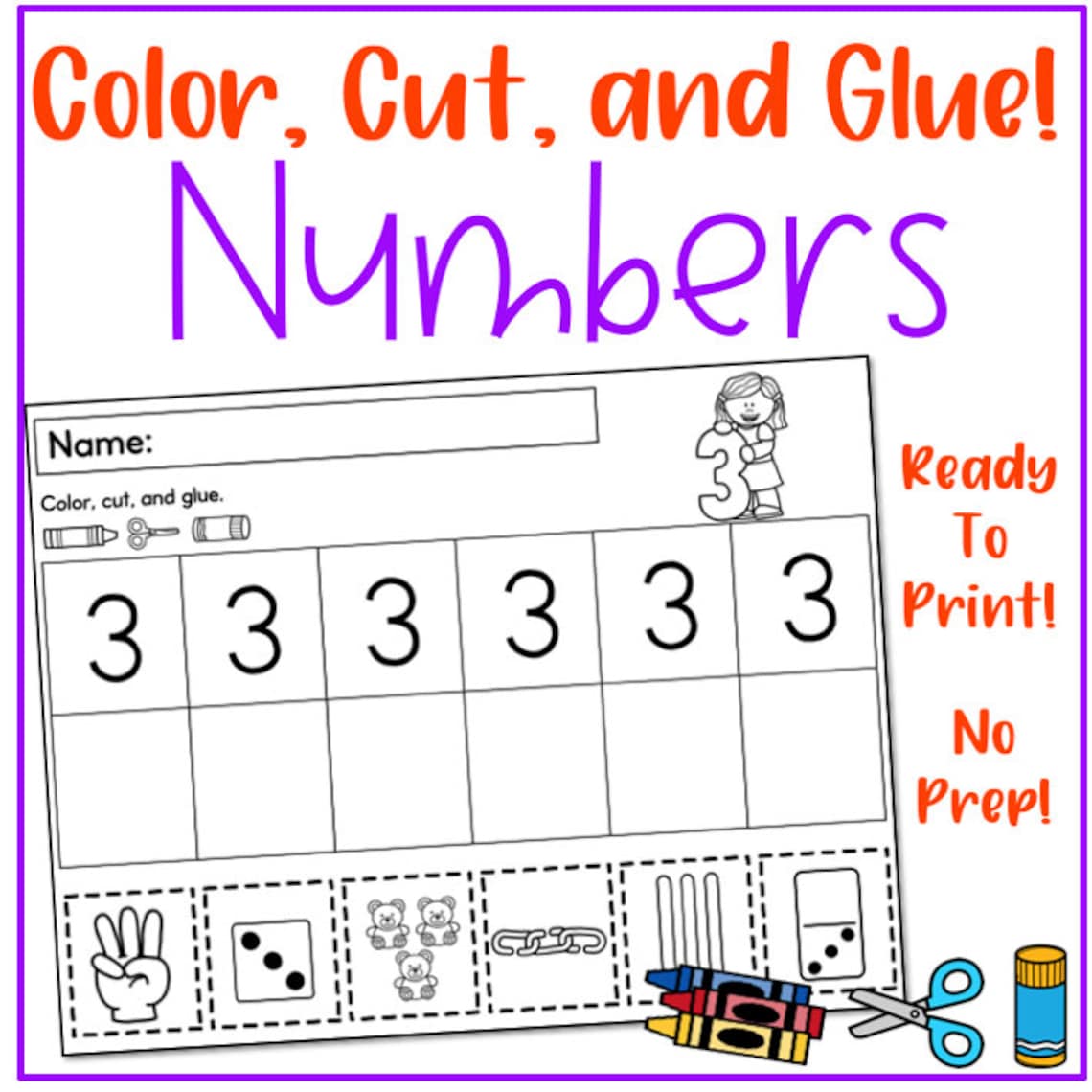 Color, Cut, and Glue Number, Alphabet, Shape, and 3D Shape Worksheets ...