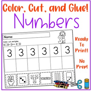 Color, Cut, and Glue Number, Alphabet, Shape, and 3D Shape Worksheets ...