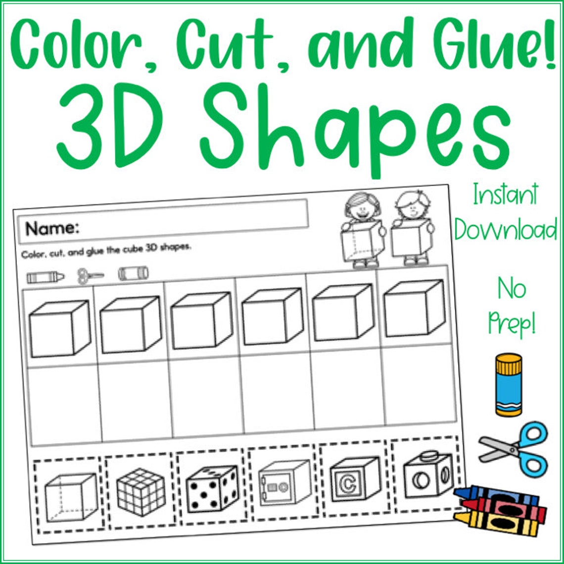 Color, Cut, and Glue Number, Alphabet, Shape, and 3D Shape Worksheets ...