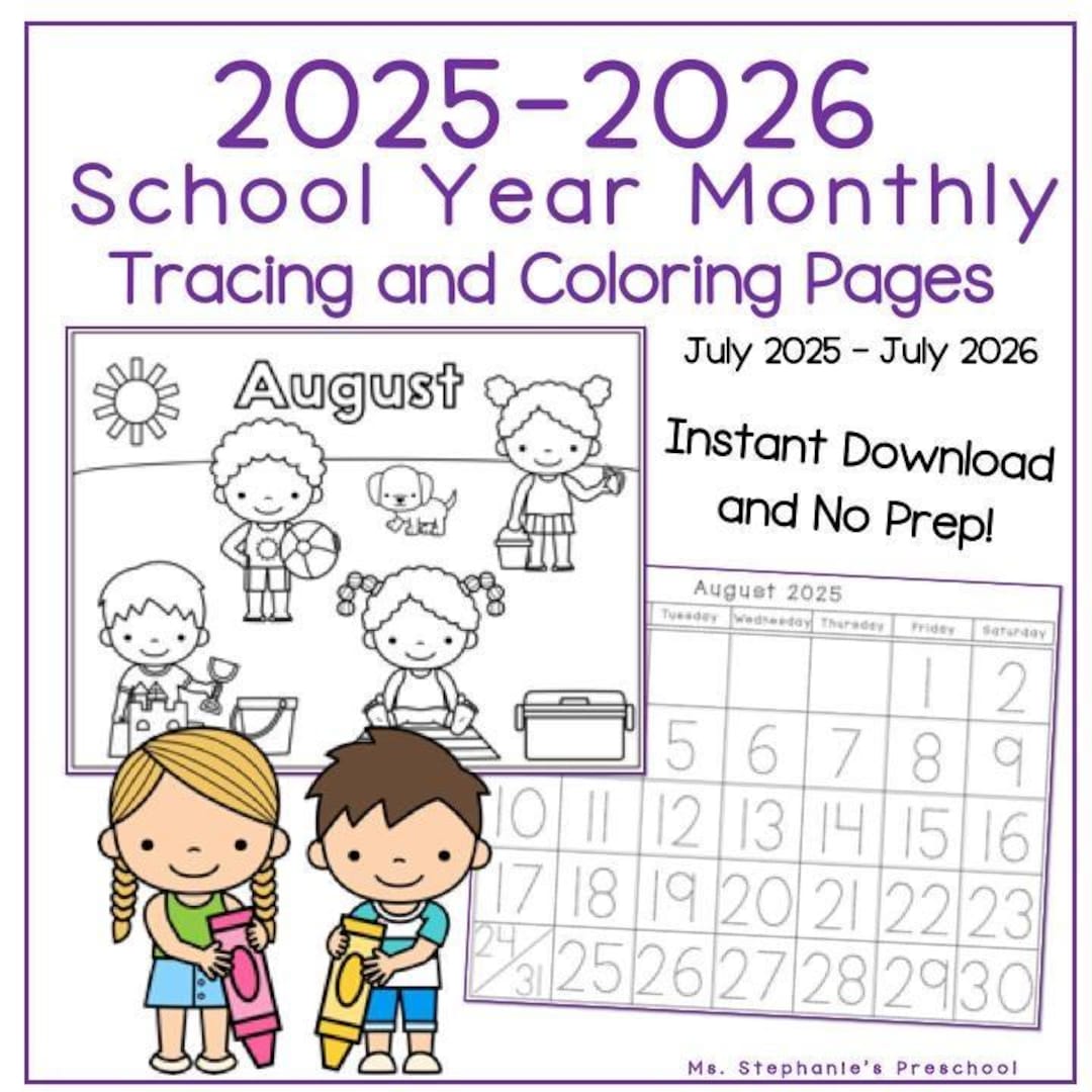 2025-2026 Tracing Calendar and Coloring Pages - Preschool Calendar ...