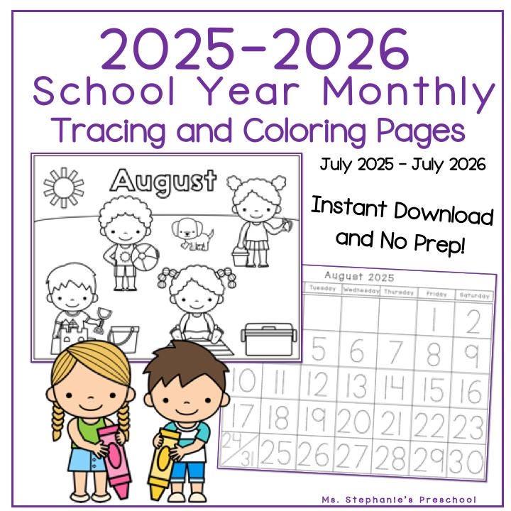 2025-2026 Tracing Calendar and Coloring Pages - Preschool Calendar ...