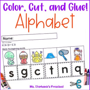 Color, Cut, and Glue Number, Alphabet, Shape, and 3D Shape Worksheets ...