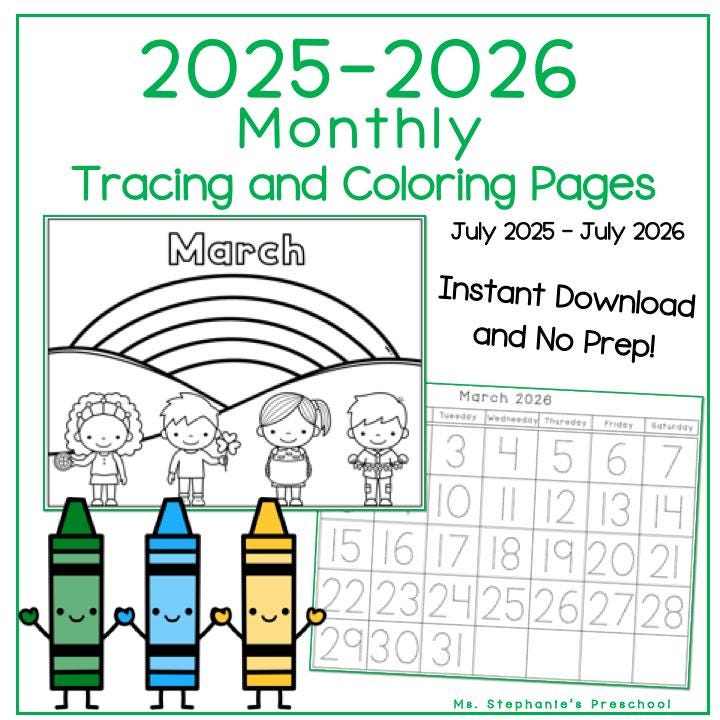2025-2026 Tracing Calendar and Coloring Pages - Preschool Calendar ...