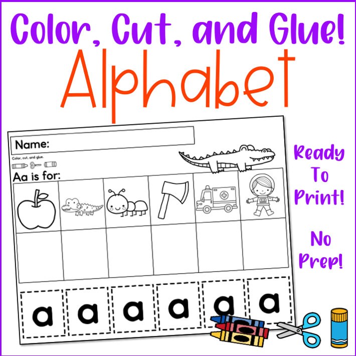 Color, Cut, and Glue Number, Alphabet, Shape, and 3D Shape Worksheets ...