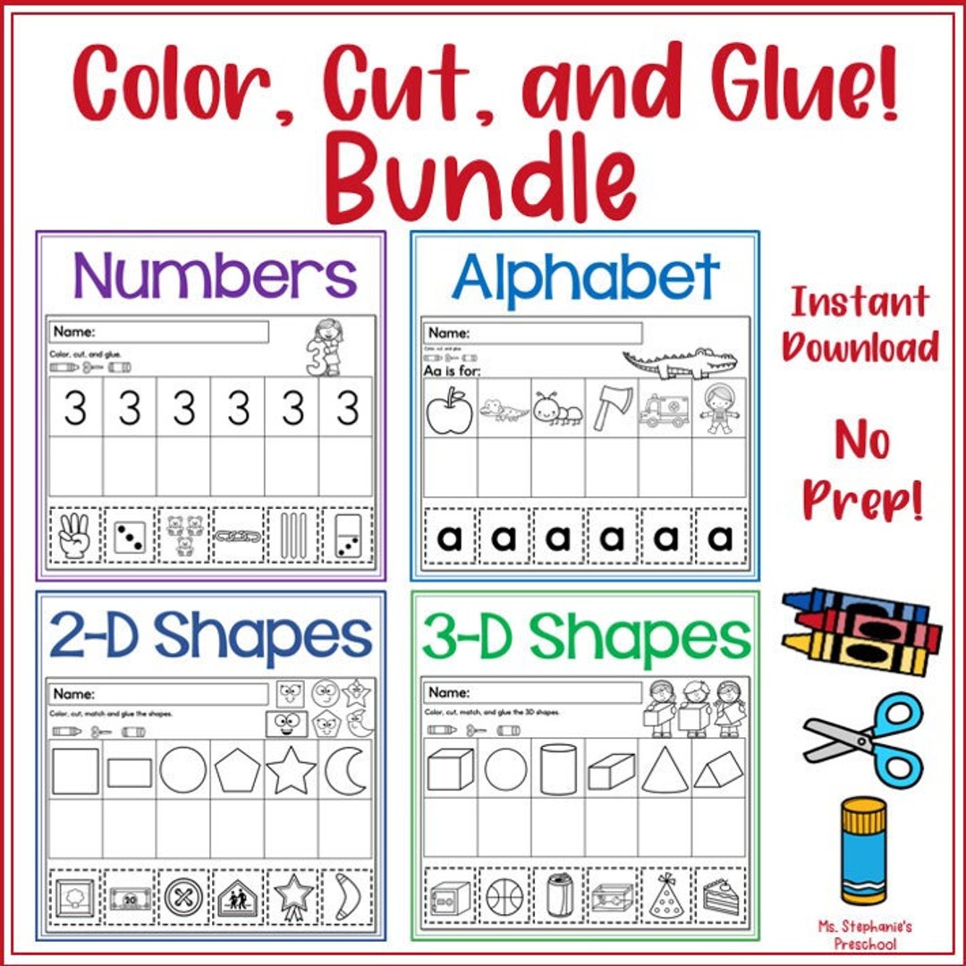Color, Cut, and Glue Number, Alphabet, Shape, and 3D Shape Worksheets ...