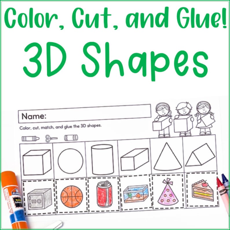 3D Shape Printables Cut Color and Glue 3D Worksheets Preschool, Prek ...