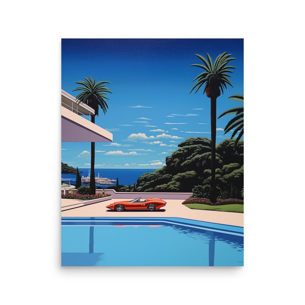 Hiroshi Nagai Ferrari in St Tropez Print, Vintage Ferrari Wall Art, 80s ...