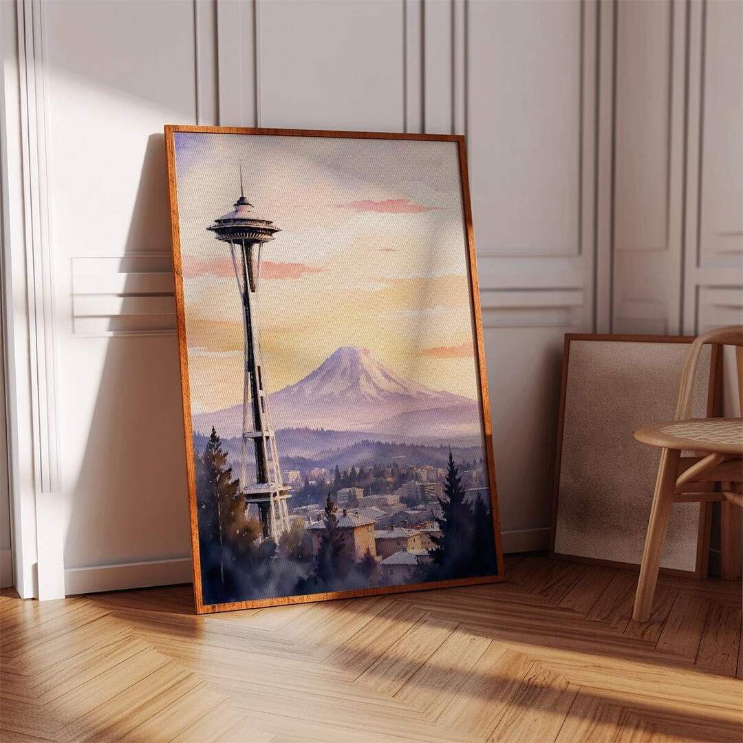 Seattle Space Needle Watercolor Print, Serene Mountain Landscape Art ...