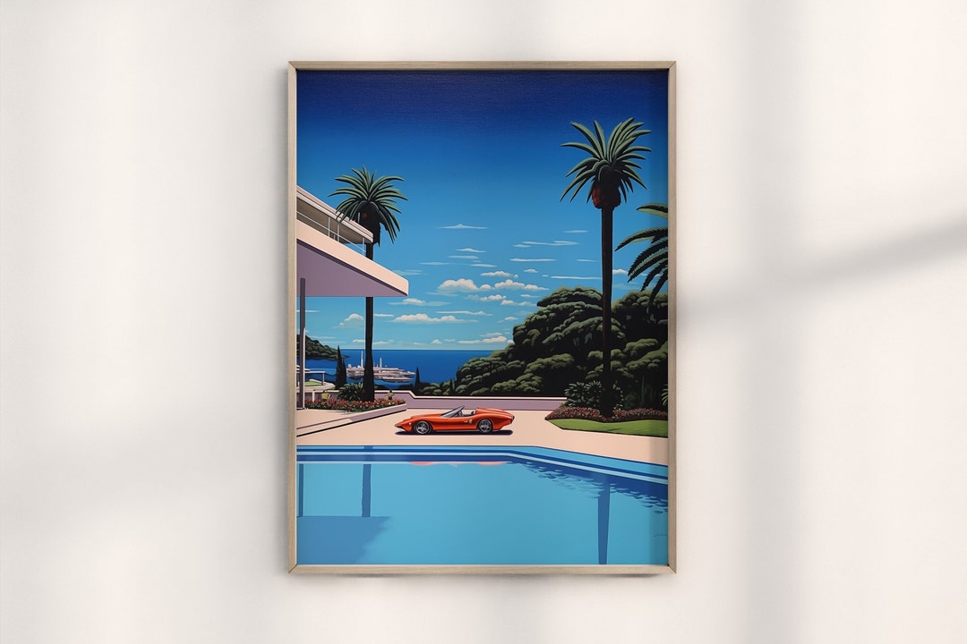 Hiroshi Nagai Ferrari in St Tropez Print, Vintage Ferrari Wall Art, 80s ...